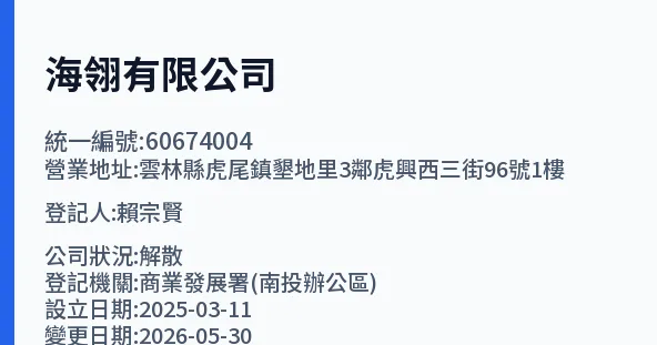 海翎有限公司的照片-統編 60674004(雲林縣) 公司登記資料與營業項目詳細圖表