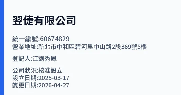 翌倢有限公司的照片-統編 60674829(新北市) 公司登記資料與營業項目詳細圖表