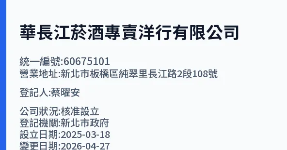 華長江菸酒專賣洋行有限公司的照片-統編 60675101(新北市) 公司登記資料與營業項目詳細圖表