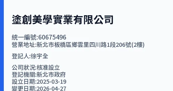 塗創美學實業有限公司的照片-統編 60675496(新北市) 公司登記資料與營業項目詳細圖表