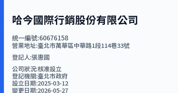 哈今國際行銷股份有限公司的照片-統編 60676158(臺北市) 公司登記資料與營業項目詳細圖表