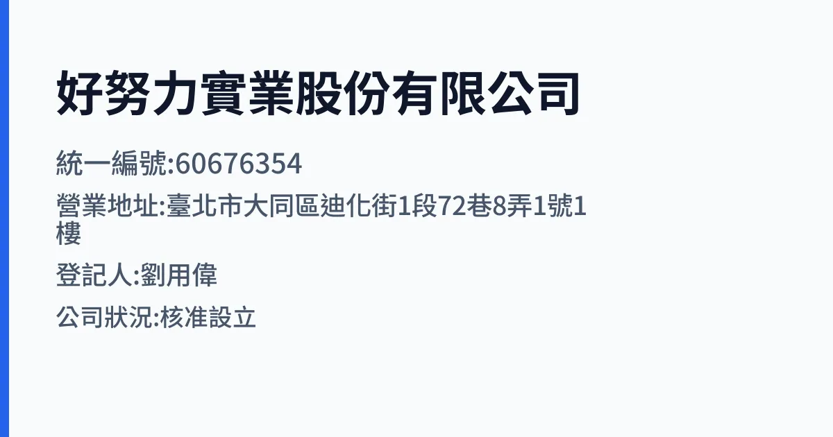好努力實業股份有限公司 - 統編 60676354(臺北市) 公司登記資料與營業項目詳細圖表