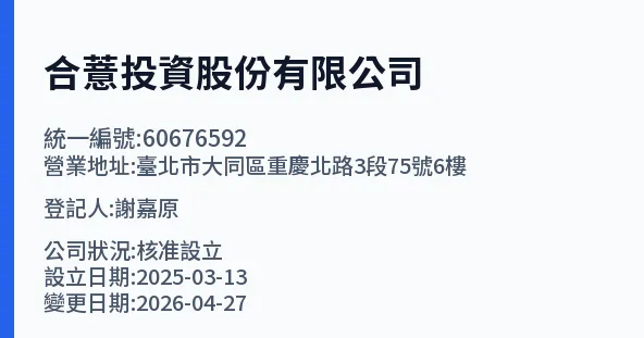 合薏投資股份有限公司的照片-統編 60676592(臺北市) 公司登記資料與營業項目詳細圖表