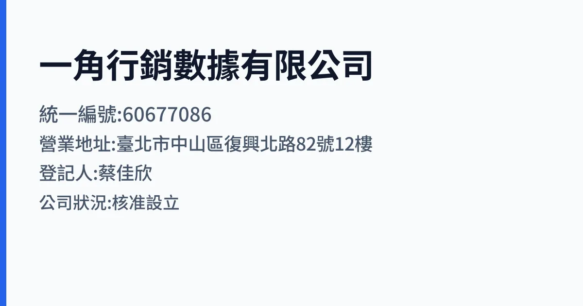 一角行銷數據有限公司 - 統編 60677086(臺北市) 公司登記資料與營業項目詳細圖表