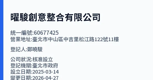 曜駿創意整合有限公司的照片-統編 60677425(臺北市) 公司登記資料與營業項目詳細圖表