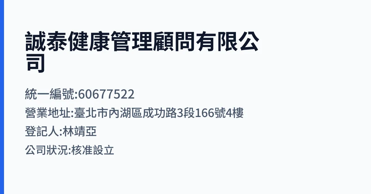 誠泰健康管理顧問有限公司 - 統編 60677522(臺北市) 公司登記資料與營業項目詳細圖表
