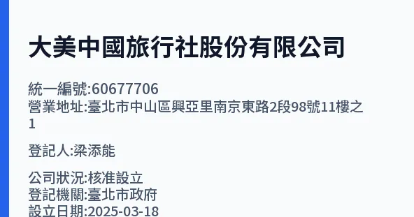 大美中國旅行社股份有限公司的照片-統編 60677706(臺北市) 公司登記資料與營業項目詳細圖表