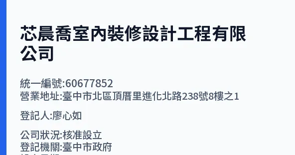 芯晨喬室內裝修設計工程有限公司的照片-統編 60677852(臺中市) 公司登記資料與營業項目詳細圖表