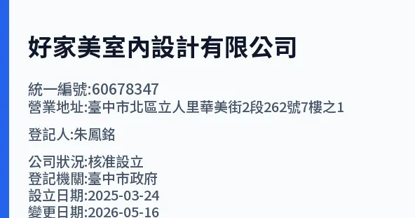 好家美室內設計有限公司的照片-統編 60678347(臺中市) 公司登記資料與營業項目詳細圖表