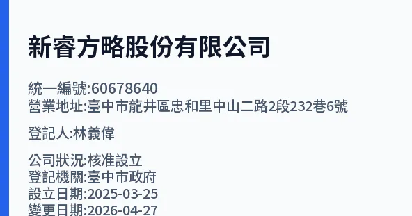 新睿方略股份有限公司的照片-統編 60678640(臺中市) 公司登記資料與營業項目詳細圖表