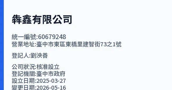 犇鑫有限公司的照片-統編 60679248(臺中市) 公司登記資料與營業項目詳細圖表