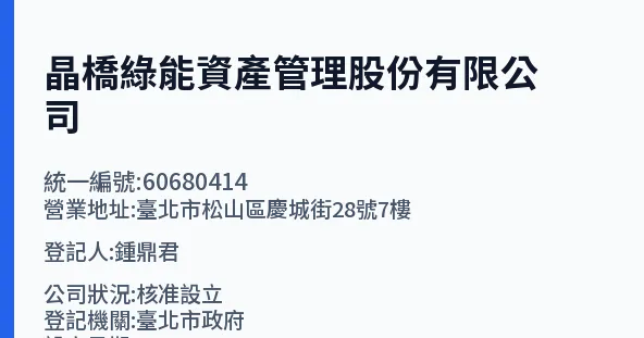 晶橋綠能資產管理股份有限公司的照片-統編 60680414(臺北市) 公司登記資料與營業項目詳細圖表