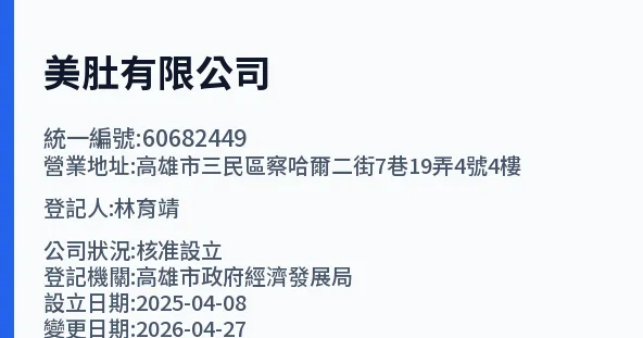 美肚有限公司的照片-統編 60682449(高雄市) 公司登記資料與營業項目詳細圖表