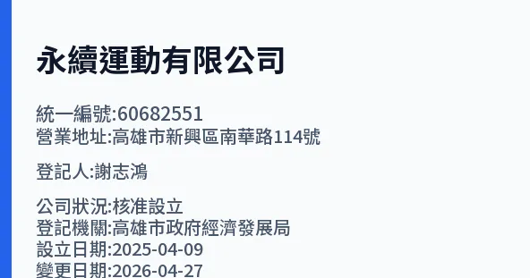 永續運動有限公司的照片-統編 60682551(高雄市) 公司登記資料與營業項目詳細圖表