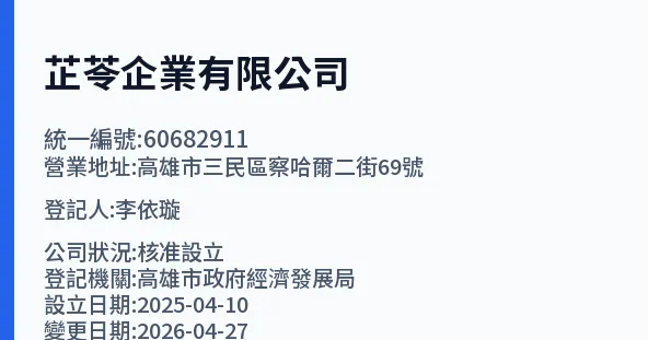 芷苓企業有限公司的照片-統編 60682911(高雄市) 公司登記資料與營業項目詳細圖表