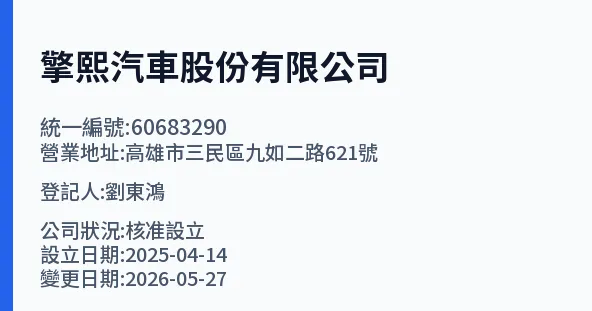 擎熙汽車股份有限公司的照片-統編 60683290(高雄市) 公司登記資料與營業項目詳細圖表