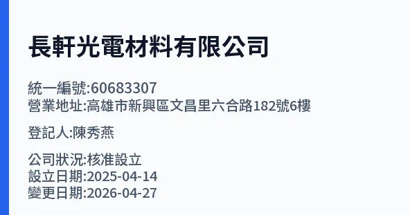 長軒光電材料有限公司的照片-統編 60683307(高雄市) 公司登記資料與營業項目詳細圖表