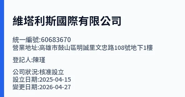維塔利斯國際有限公司的照片-統編 60683670(高雄市) 公司登記資料與營業項目詳細圖表