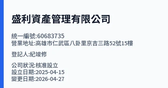 盛利資產管理有限公司的照片-統編 60683735(高雄市) 公司登記資料與營業項目詳細圖表