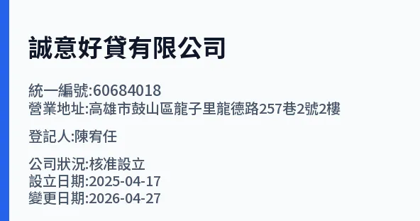 誠意好貸有限公司的照片-統編 60684018(高雄市) 公司登記資料與營業項目詳細圖表