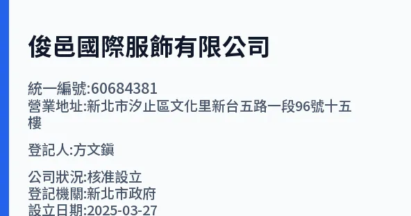 俊邑國際服飾有限公司的照片-統編 60684381(新北市) 公司登記資料與營業項目詳細圖表