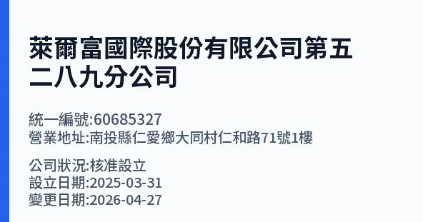 萊爾富國際股份有限公司第五二八九分公司的照片-統編 60685327(南投縣) 公司登記資料與營業項目詳細圖表