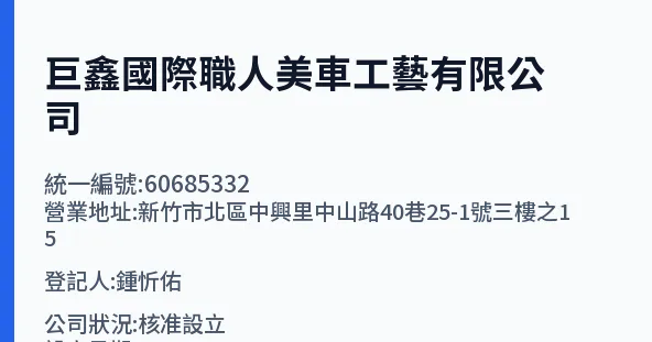 巨鑫國際職人美車工藝有限公司的照片-統編 60685332(新竹市) 公司登記資料與營業項目詳細圖表