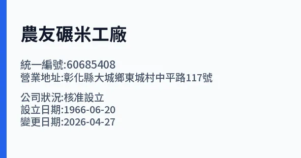 農友碾米工廠的照片-統編 60685408(彰化縣) 公司登記資料與營業項目詳細圖表