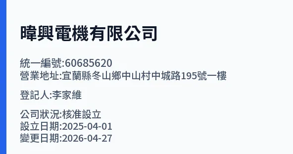 暐興電機有限公司的照片-統編 60685620(宜蘭縣) 公司登記資料與營業項目詳細圖表