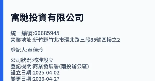 富馳投資有限公司的照片-統編 60685945(新竹縣) 公司登記資料與營業項目詳細圖表