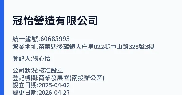 冠怡營造有限公司的照片-統編 60685993(苗栗縣) 公司登記資料與營業項目詳細圖表