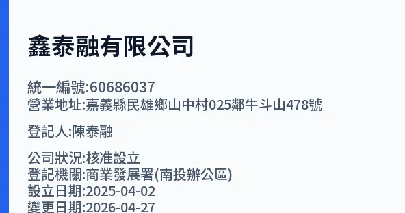 鑫泰融有限公司的照片-統編 60686037(嘉義縣) 公司登記資料與營業項目詳細圖表