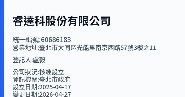 睿達科股份有限公司的照片-統編 60686183(臺北市) 公司登記資料與營業項目詳細圖表