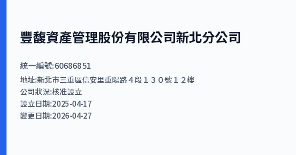 豐馥資產管理股份有限公司新北分公司的照片-統編 60686851(新北市) 公司登記資料與營業項目詳細圖表