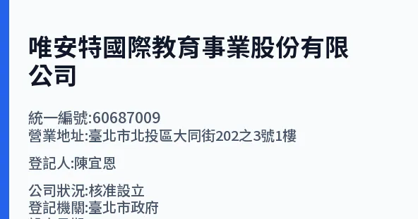 唯安特國際教育事業股份有限公司的照片-統編 60687009(臺北市) 公司登記資料與營業項目詳細圖表