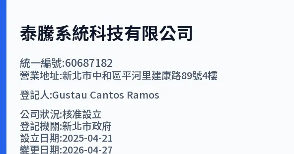 泰騰系統科技有限公司的照片-統編 60687182(新北市) 公司登記資料與營業項目詳細圖表