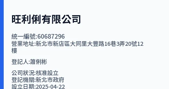 旺利俐有限公司的照片-統編 60687296(新北市) 公司登記資料與營業項目詳細圖表