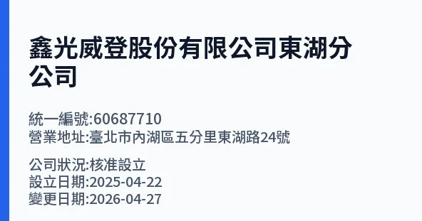 鑫光威登股份有限公司東湖分公司的照片-統編 60687710(臺北市) 公司登記資料與營業項目詳細圖表