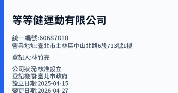 等等健運動有限公司的照片-統編 60687818(臺北市) 公司登記資料與營業項目詳細圖表