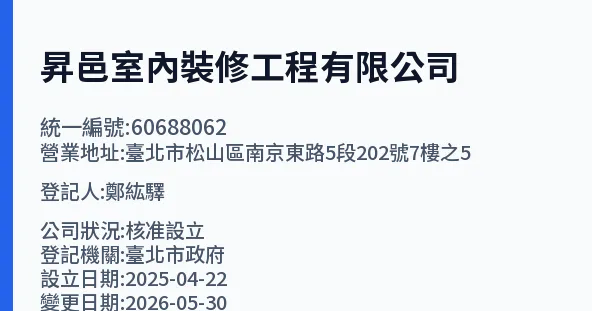 昇邑室內裝修工程有限公司的照片-統編 60688062(臺北市) 公司登記資料與營業項目詳細圖表