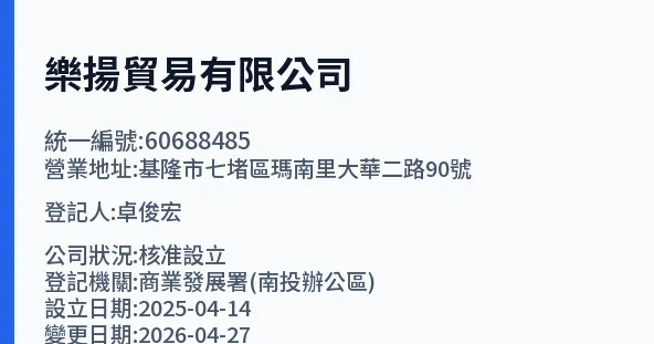 樂揚貿易有限公司的照片-統編 60688485(基隆市) 公司登記資料與營業項目詳細圖表