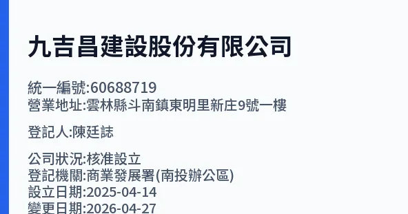 九吉昌建設股份有限公司的照片-統編 60688719(雲林縣) 公司登記資料與營業項目詳細圖表