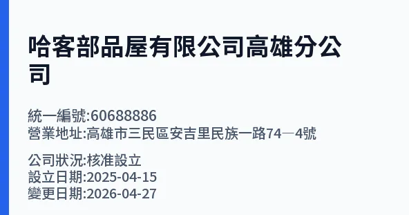 哈客部品屋有限公司高雄分公司的照片-統編 60688886(高雄市) 公司登記資料與營業項目詳細圖表