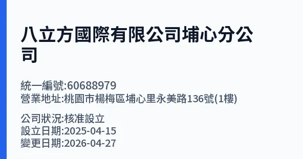 八立方國際有限公司埔心分公司的照片-統編 60688979(桃園市) 公司登記資料與營業項目詳細圖表