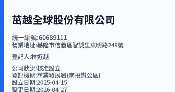 茁越全球股份有限公司的照片-統編 60689111(基隆市) 公司登記資料與營業項目詳細圖表