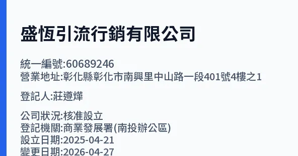 盛恆引流行銷有限公司的照片-統編 60689246(彰化縣) 公司登記資料與營業項目詳細圖表