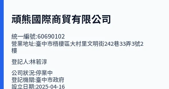 頑熊國際商貿有限公司的照片-統編 60690102(臺中市) 公司登記資料與營業項目詳細圖表