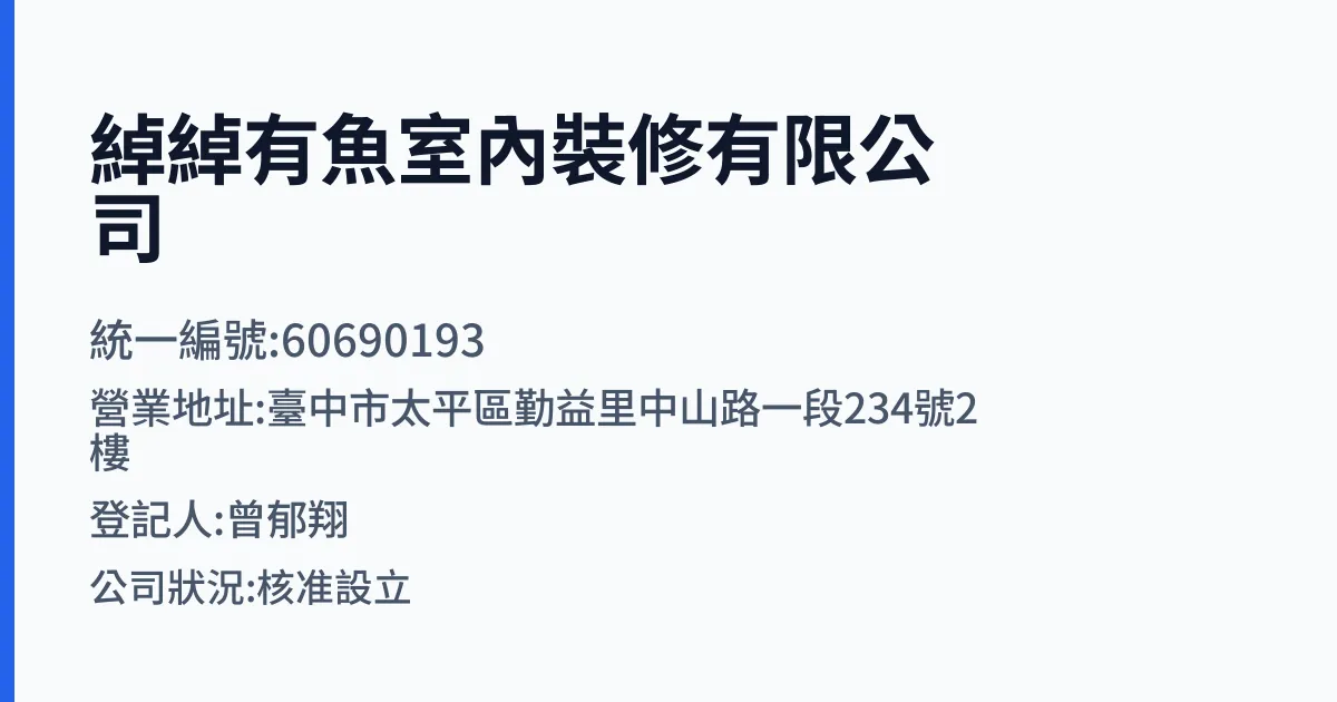 綽綽有魚室內裝修有限公司 - 統編 60690193（臺中市） 公司登記資料與營業項目詳細圖表