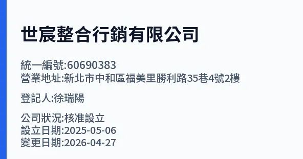 世宸整合行銷有限公司的照片-統編 60690383(新北市) 公司登記資料與營業項目詳細圖表