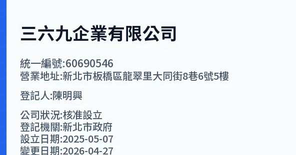 三六九企業有限公司的照片-統編 60690546(新北市) 公司登記資料與營業項目詳細圖表